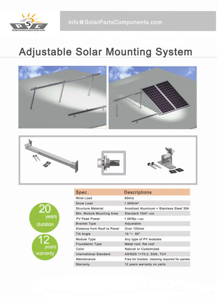 Adjustable Tilt Solar Mounting for metal, sandwich roof top