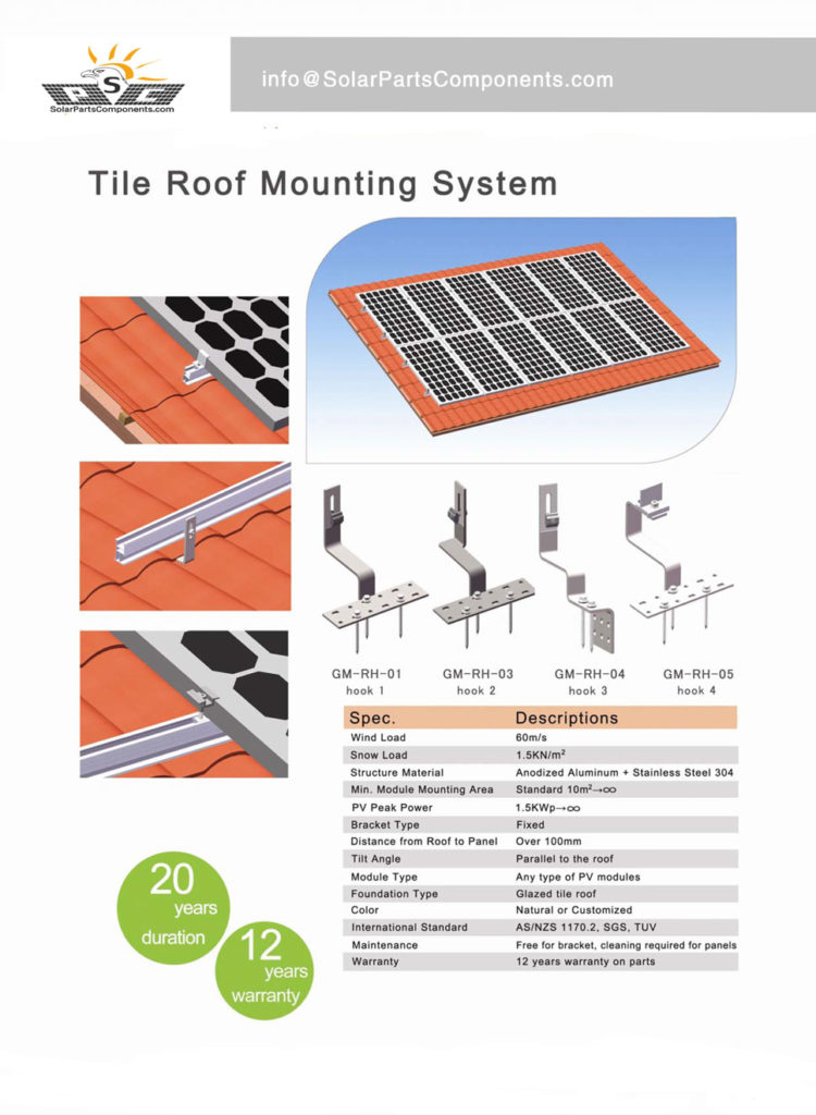 Solar Mounted System for tile roofing with side mounted hooks