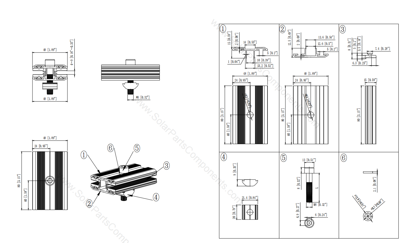 Aluminum mid clamps for frameless solar panel mounting