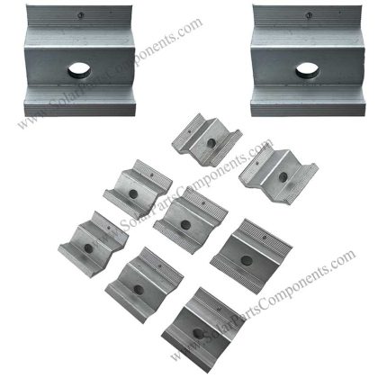 Solar panel end clamps with earthing, made of aluminum.