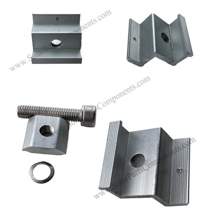 Solar panel end clamps with earthing, made of aluminum.